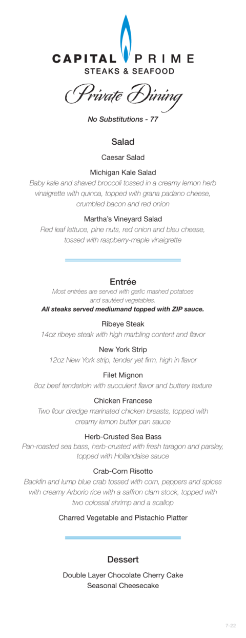 Private Dining Dinner Menus | Capital Prime